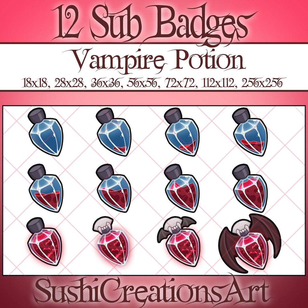 12 Vampire Blood Bottle Sub Badges Goals, Gothic Bat Potion Bit Pack ...