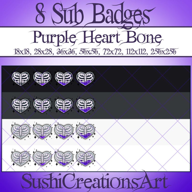 8 Purple Heart Bone Twitch Sub Badges, Gothic Caged Heart Pack Bit ...