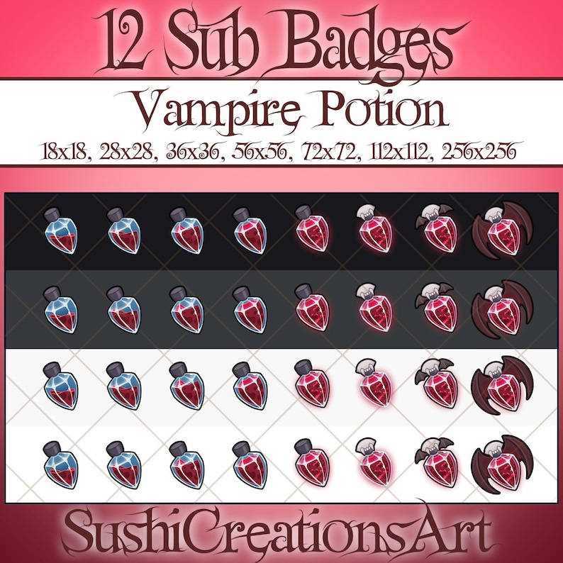 12 Vampire Blood Bottle Sub Badges Goals, Gothic Bat Potion Bit Pack ...