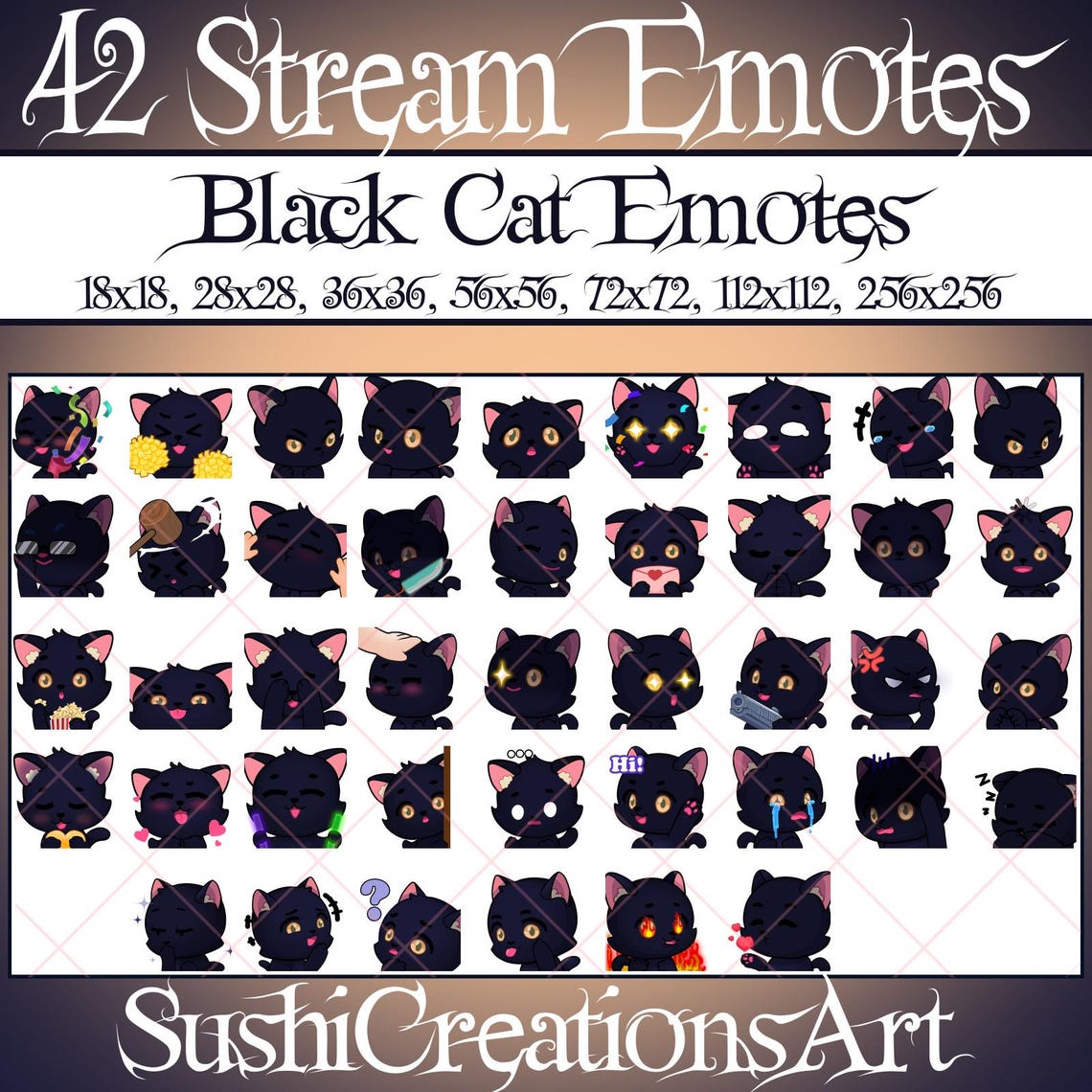 42 Chibi Black Kitty Twitch Emotes Pack, Funny Moon Cat Emoji Bundle ...