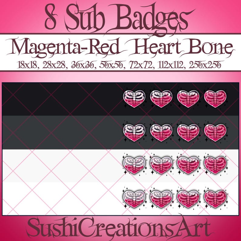 Magenta-red Heart Bone Twitch Sub Badges, Gothic Caged Heart Pack Bit ...