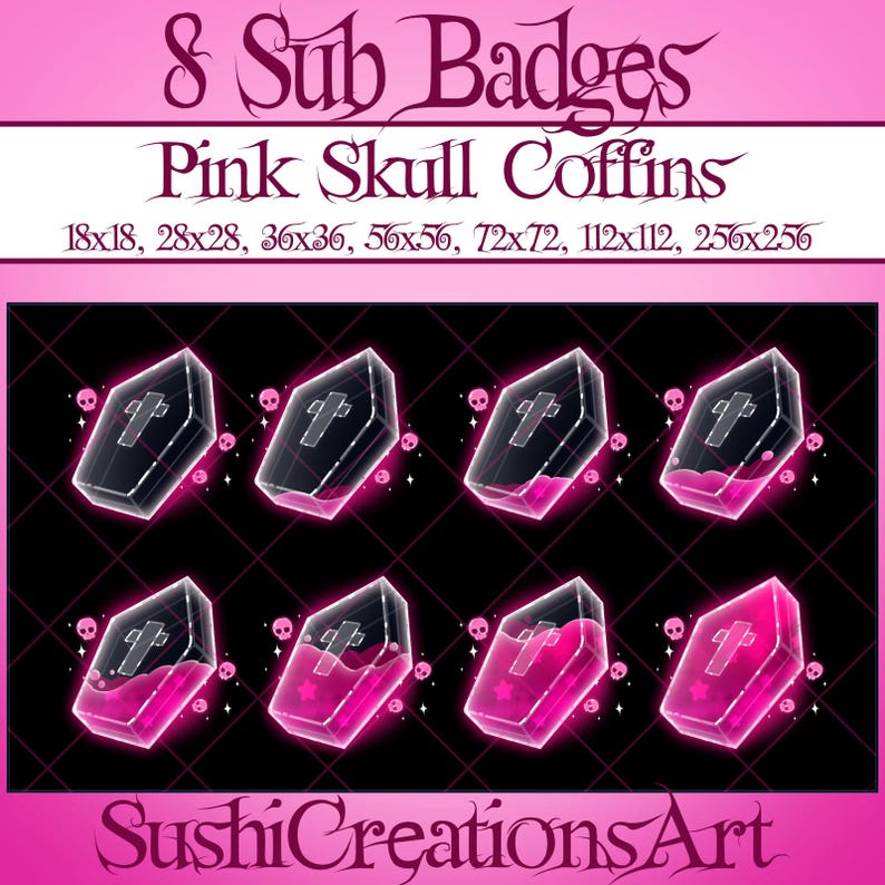 8 Kawaii Pink Skull Coffin Sub Badges, Love Vampire Coffin Pack Loyalty ...
