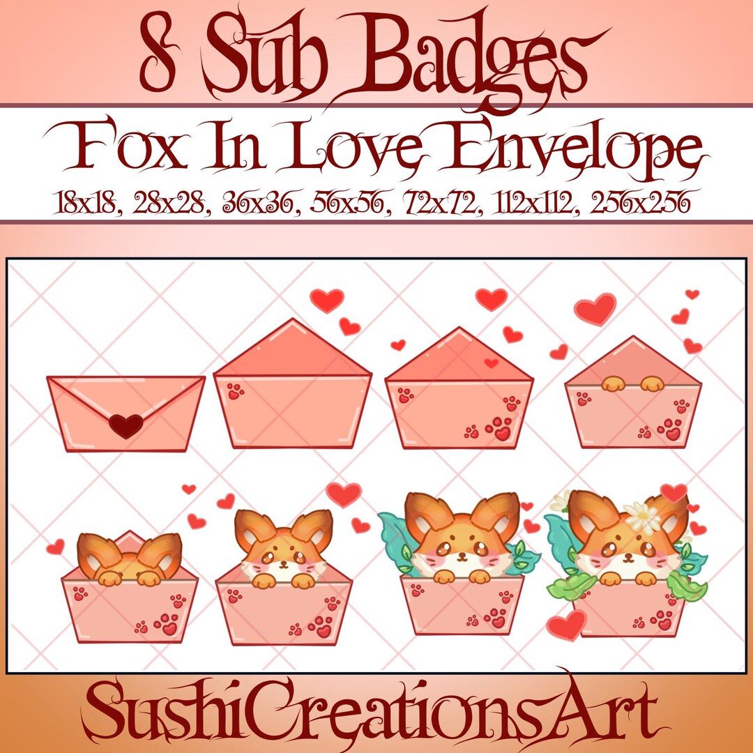 Cute Fox in Heart Love Envelope Sub Badges Goals, Orange Foxy Emotes ...