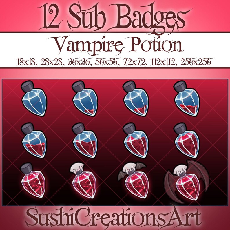 12 Vampire Blood Bottle Sub Badges Goals, Gothic Bat Potion Bit Pack ...