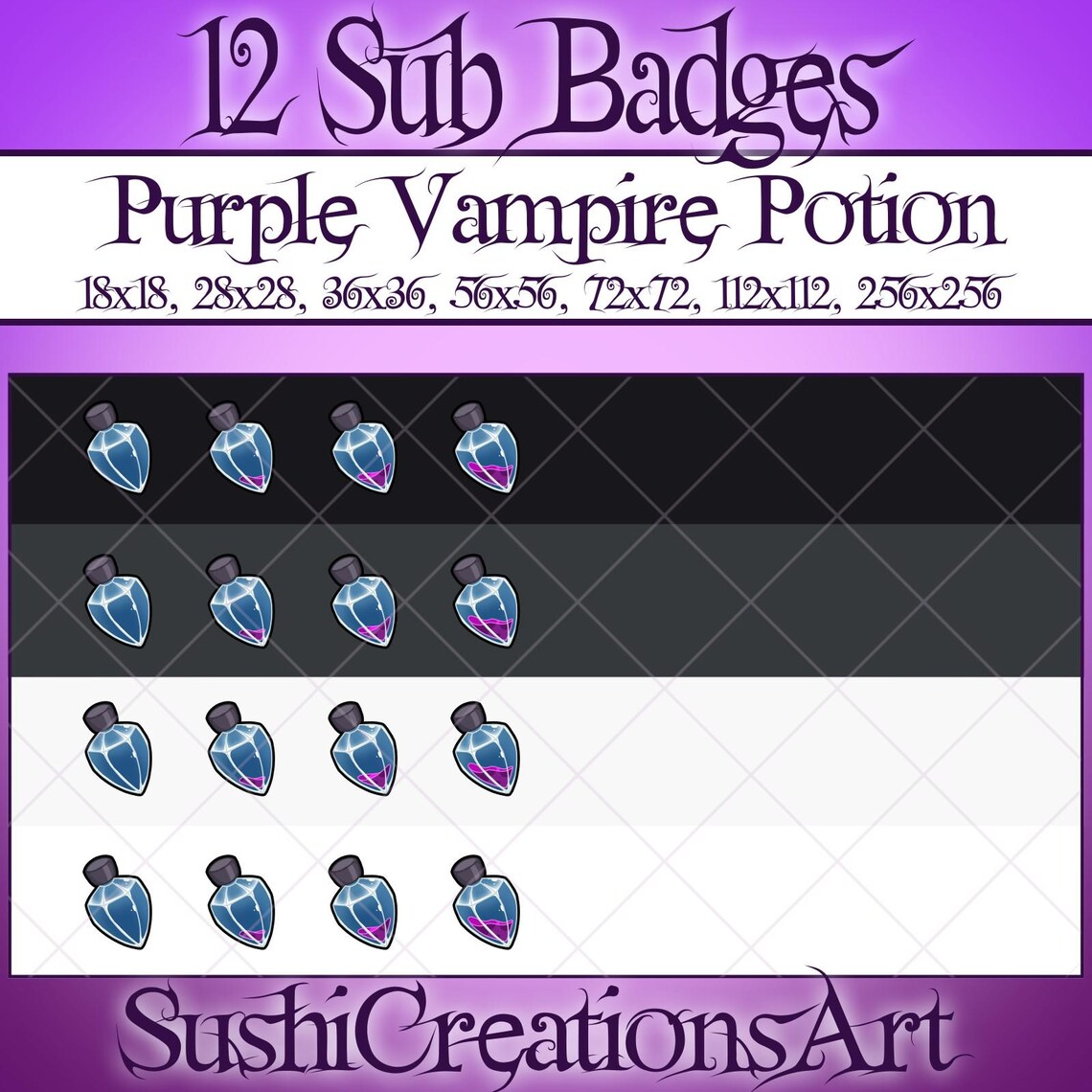 12 Vampire Purple Bottle Sub Badges Goals, Gothic Bat Potion Bit Pack ...