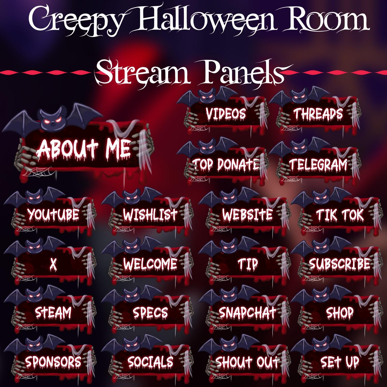 50 Spooky Bats Halloween Stream Panels: Creepy Black Red Spider ...