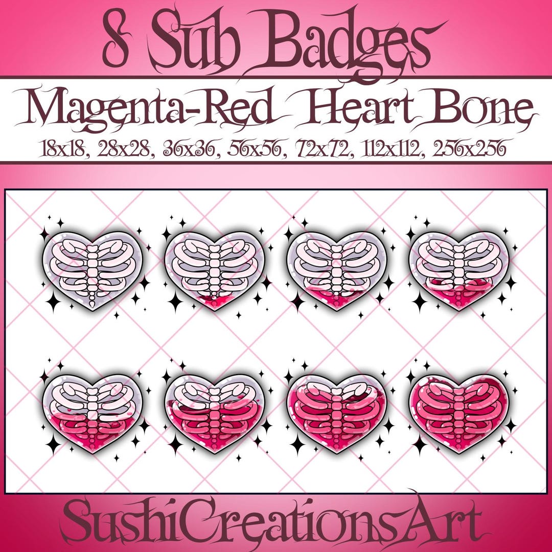 Magenta-red Heart Bone Twitch Sub Badges, Gothic Caged Heart Pack Bit ...