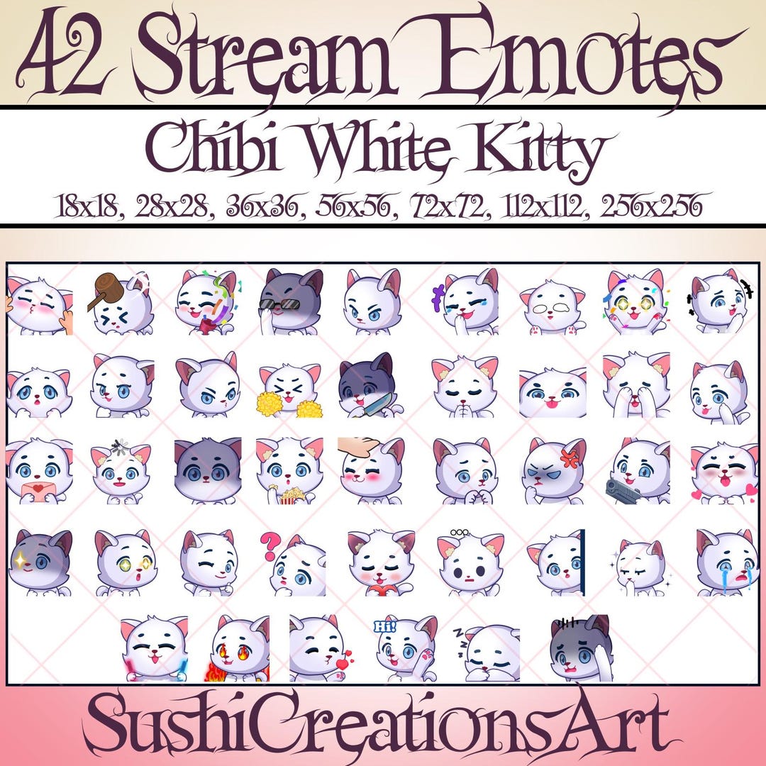 42 Chibi White Kitty Twitch Emotes Pack, Funny White Cat Emoji Bundle ...