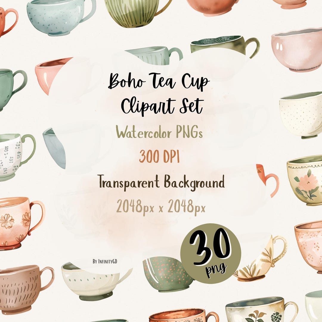 Boho Tea Cup Clipart | 30 Watercolor Pngs (digital Download) - Etsy