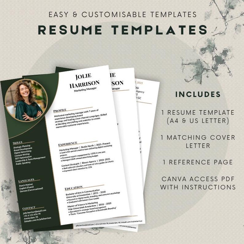 Canva Resume Template | Editable Modern CV + Cover Letter + References ...