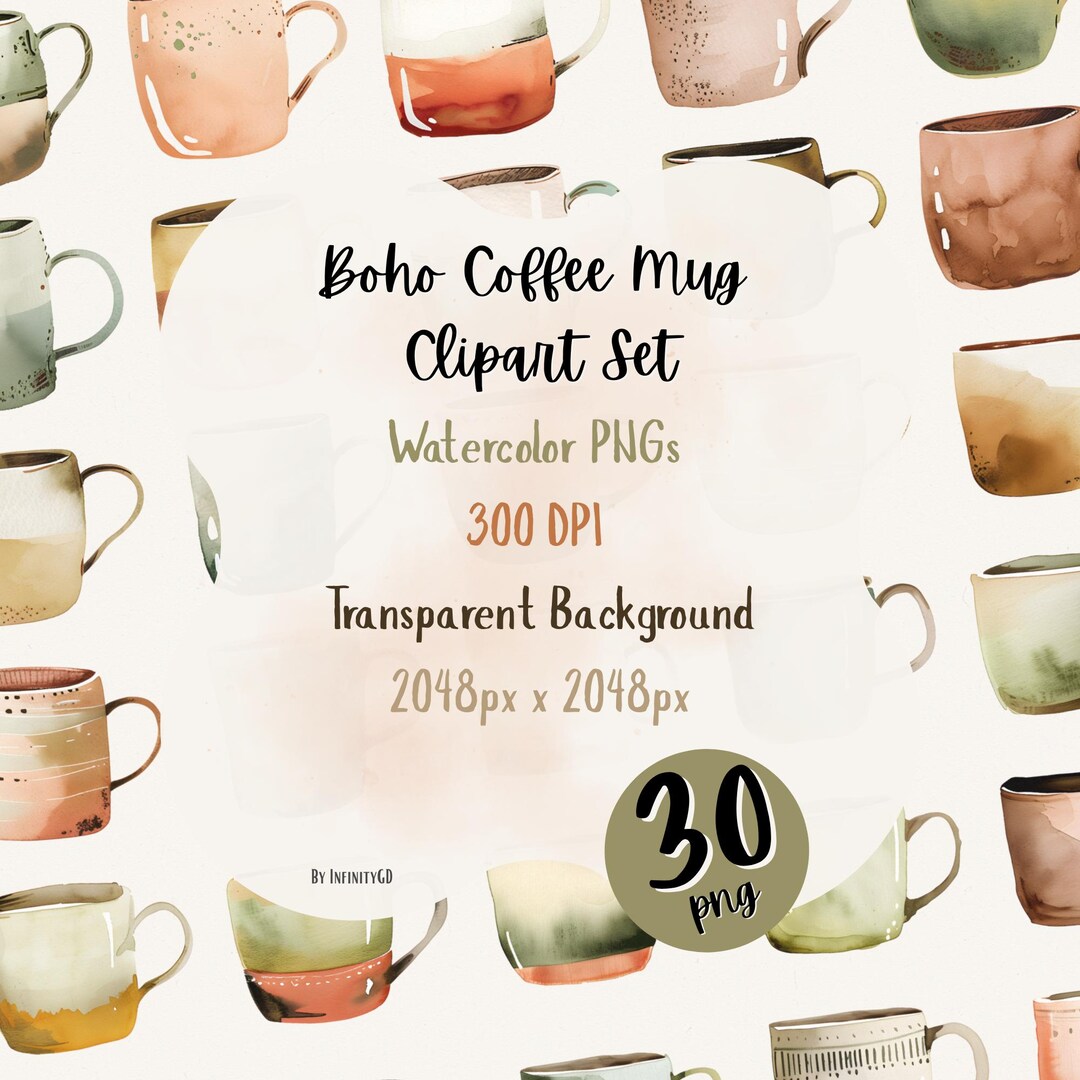 Boho Coffee Mug Clipart | 30 Watercolor Pngs (digital Download) - Etsy