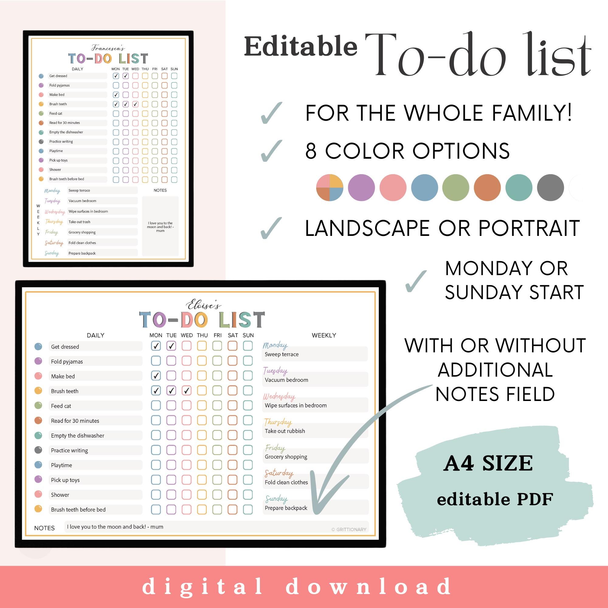 Editable To-do List for Kids & Teens and Family Daily Weekly Chore ...