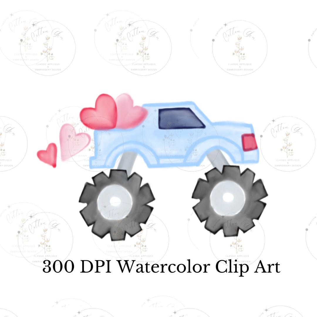 Valentine's Day Monster Truck Watercolor PNG Printable Digital Clip Art ...