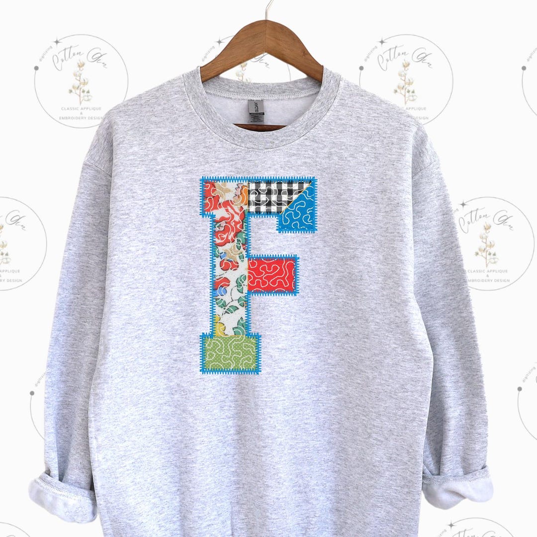 Quilted Patchwork Varsity Initial Letter F Applique Machine Embroidery Design File by Cotton Gin ...