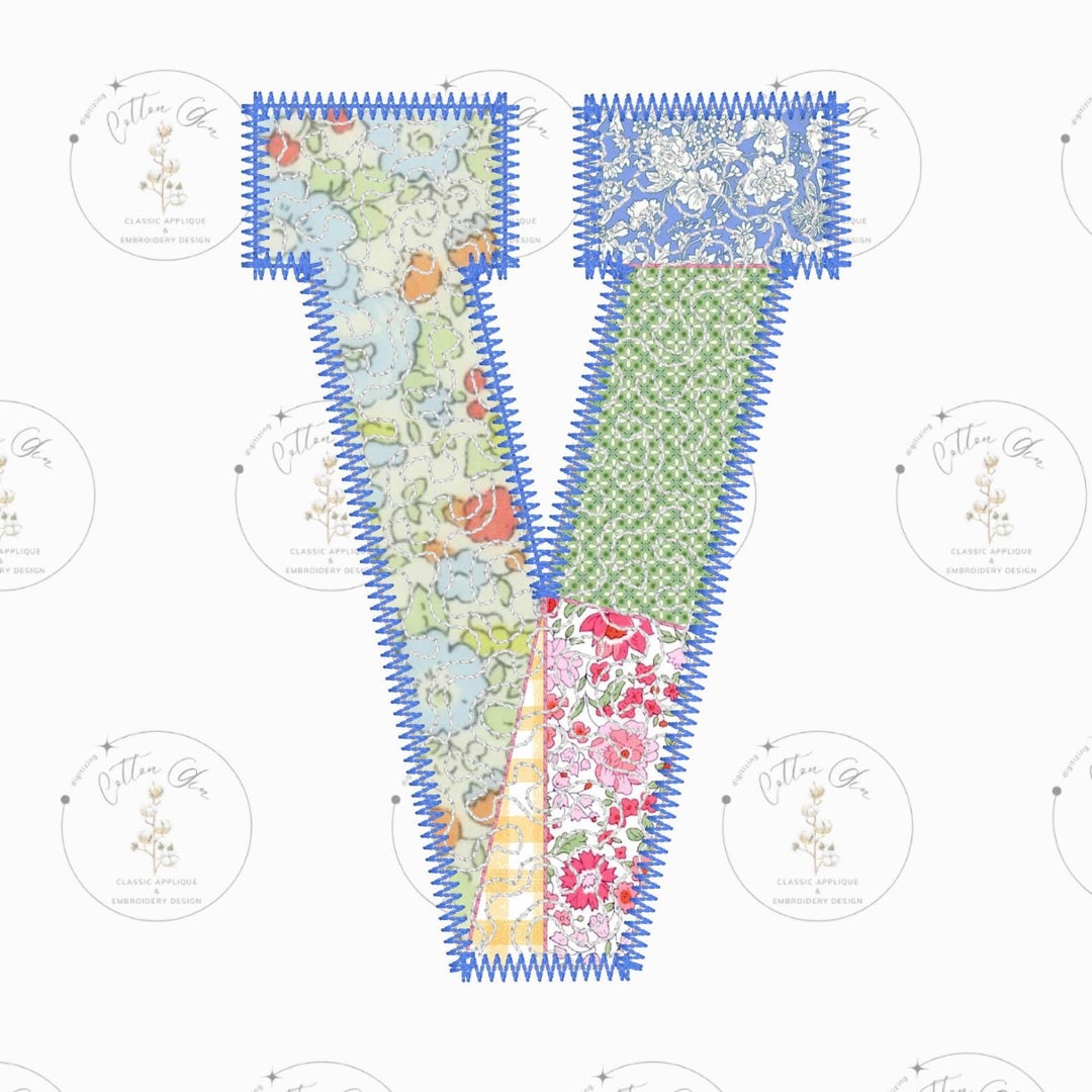 Quilted Patchwork Varsity Initial Letter V Applique Machine Embroidery ...