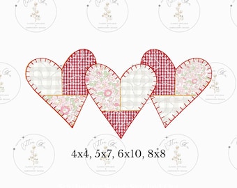 Quilted Patchwork Valentines Day Trio Heart Applique Machine Embroidery ...