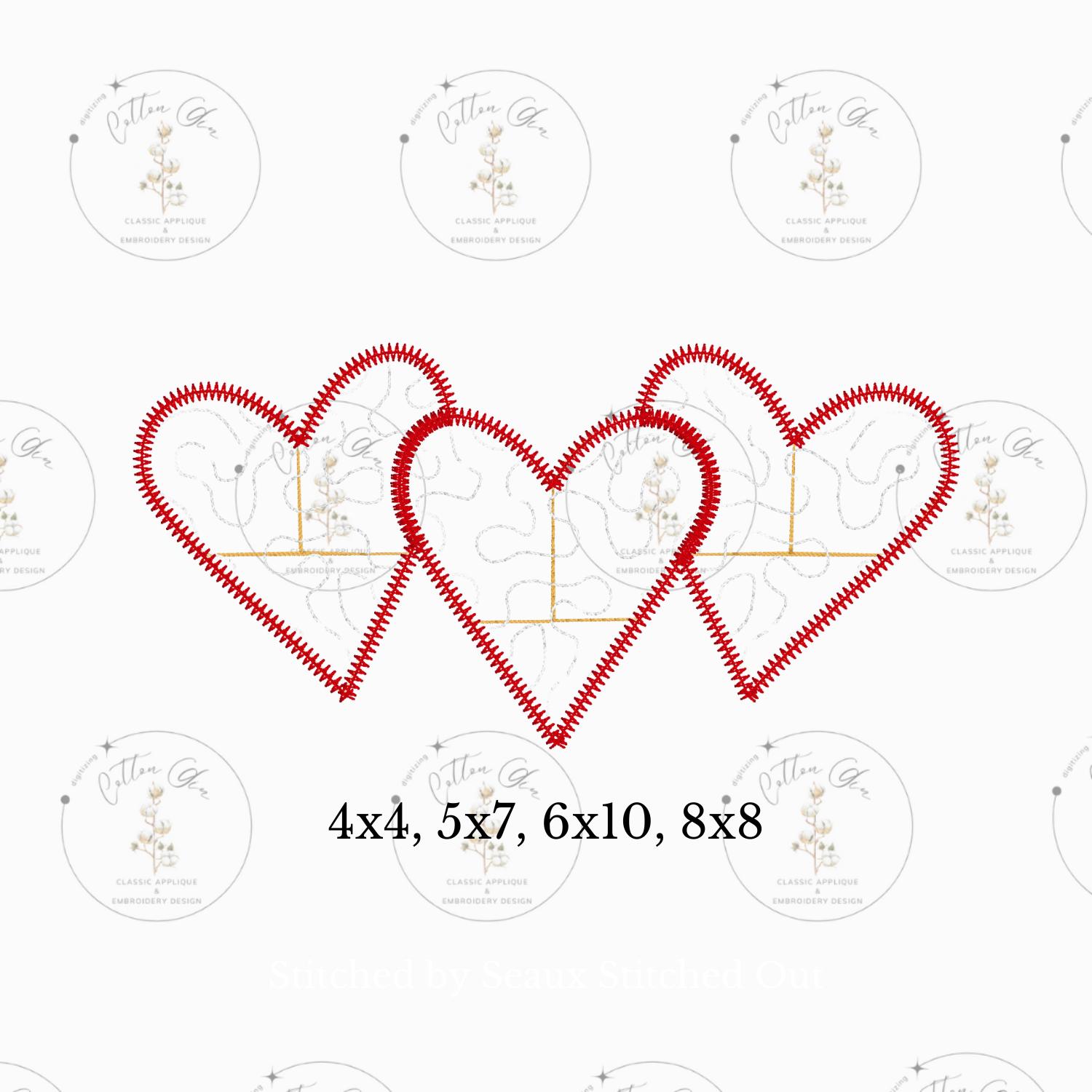 Quilted Patchwork Valentines Day Trio Heart Applique Machine Embroidery ...