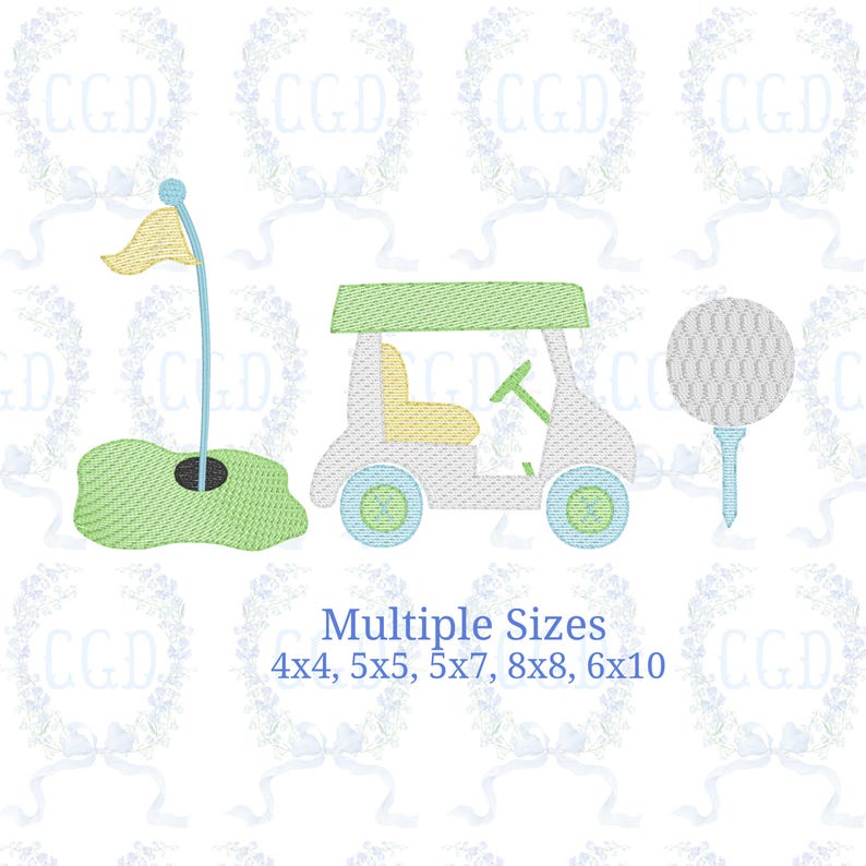 Boy Golf Cart Trio Sketchy Embroidery Design | Golf Ball Tee Flag Green | Machine Embroidery ...