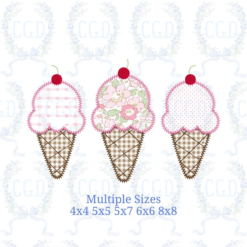 Ice Cream Applique Embroidery Design, Monogram Ice Cream Cone, Floral ...
