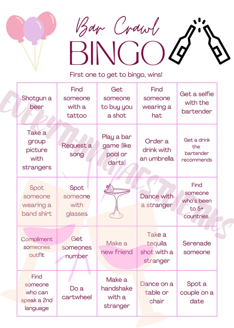 Bar Crawl Bingo Bachelorette Birthday Party Girls Night Out Scavenger ...