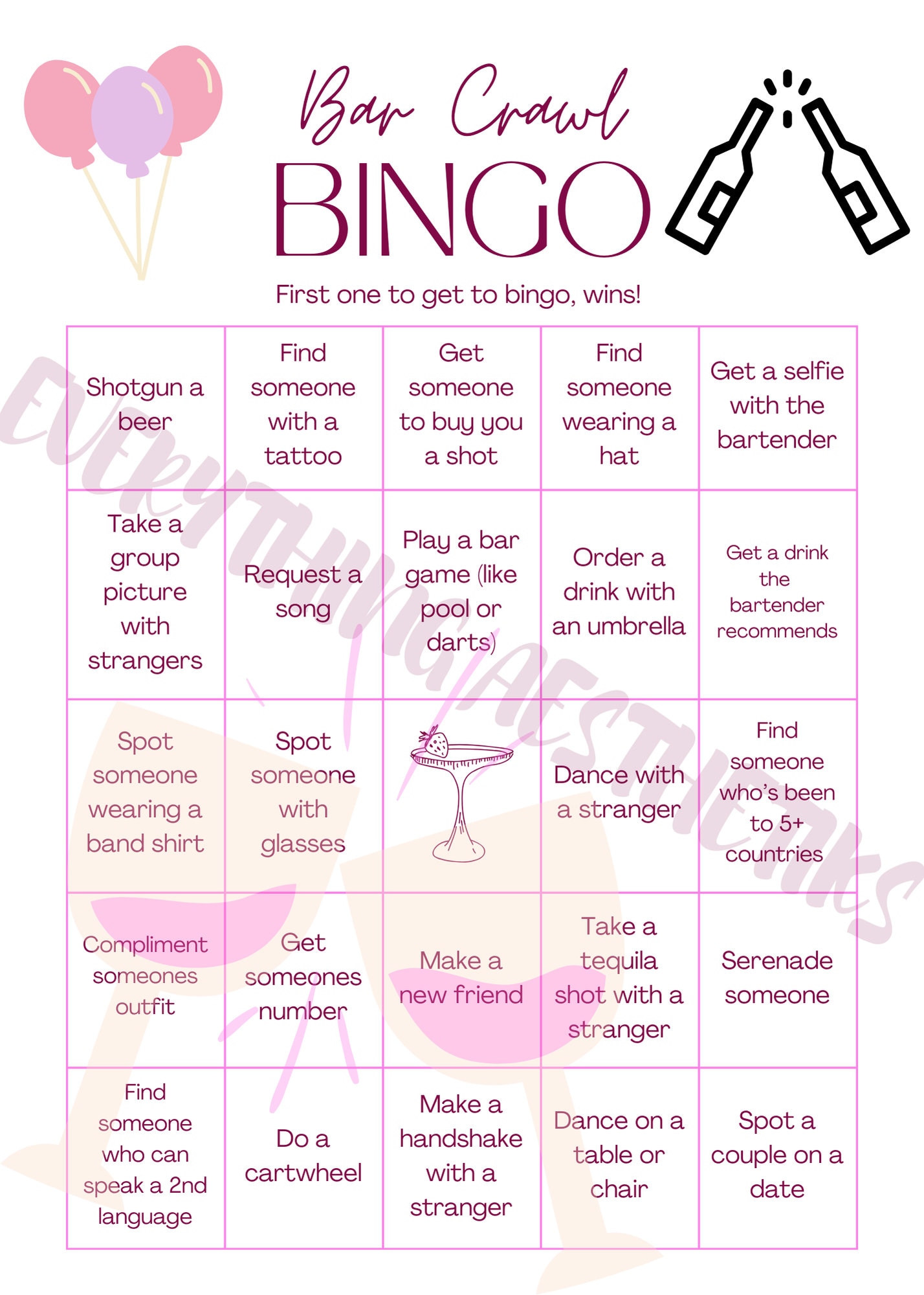 Bar Crawl Bingo Bachelorette Birthday Party Girls Night Out Scavenger ...