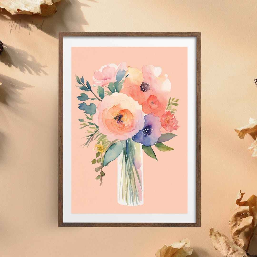 Watercolor Floral Bouquet Print - Pastel Flower Wall Art Digital ...