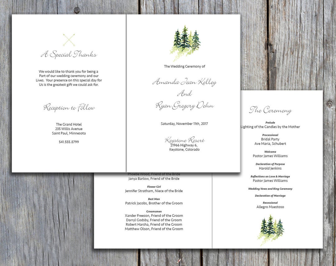 Pine Trees Wedding Program - Pine Tree - Rustic Wedding - Rustic Program - Pine Trees - Mountain ...