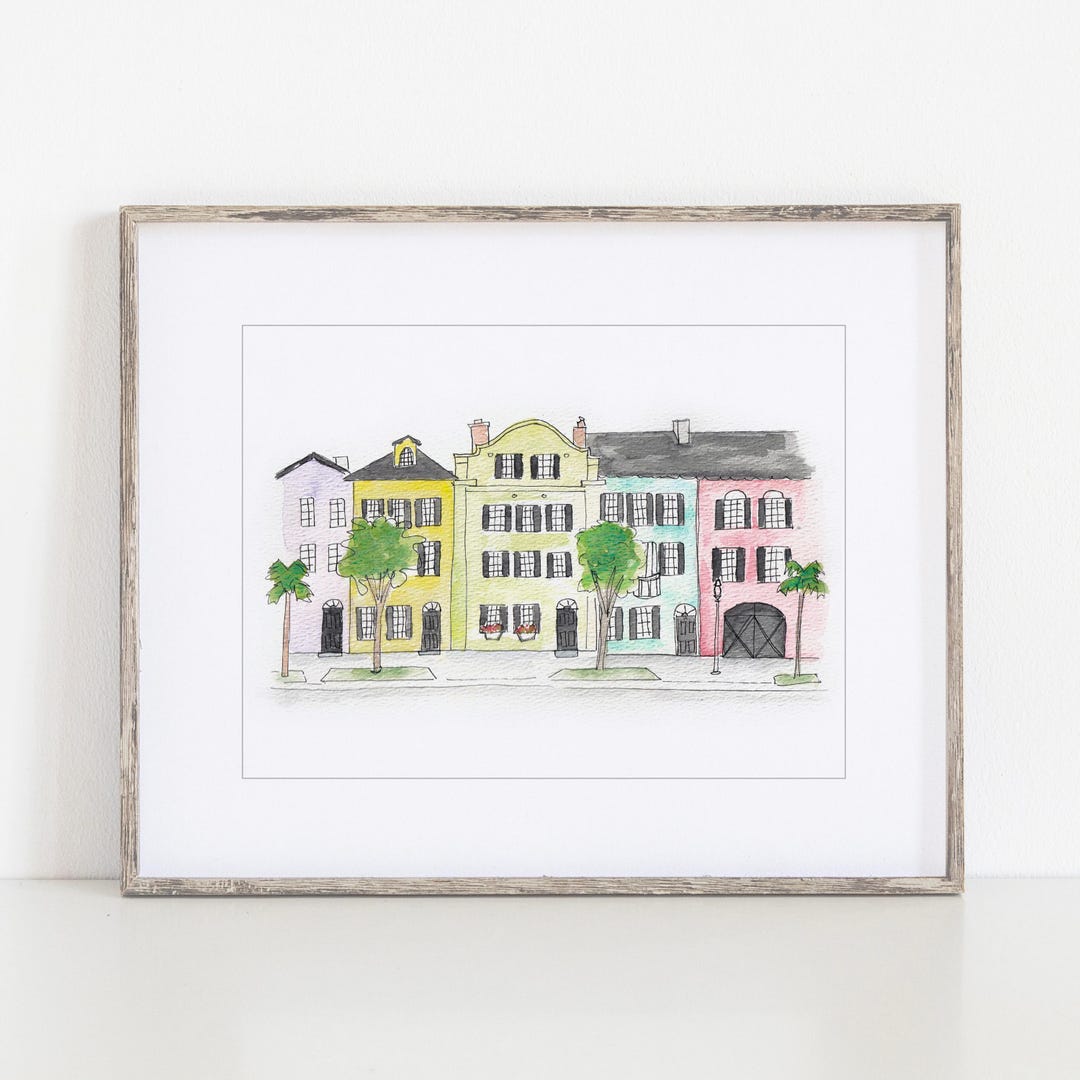Rainbow Row, Watercolor Art Print, 8x10" Charleston, SC Print of a Hand ...