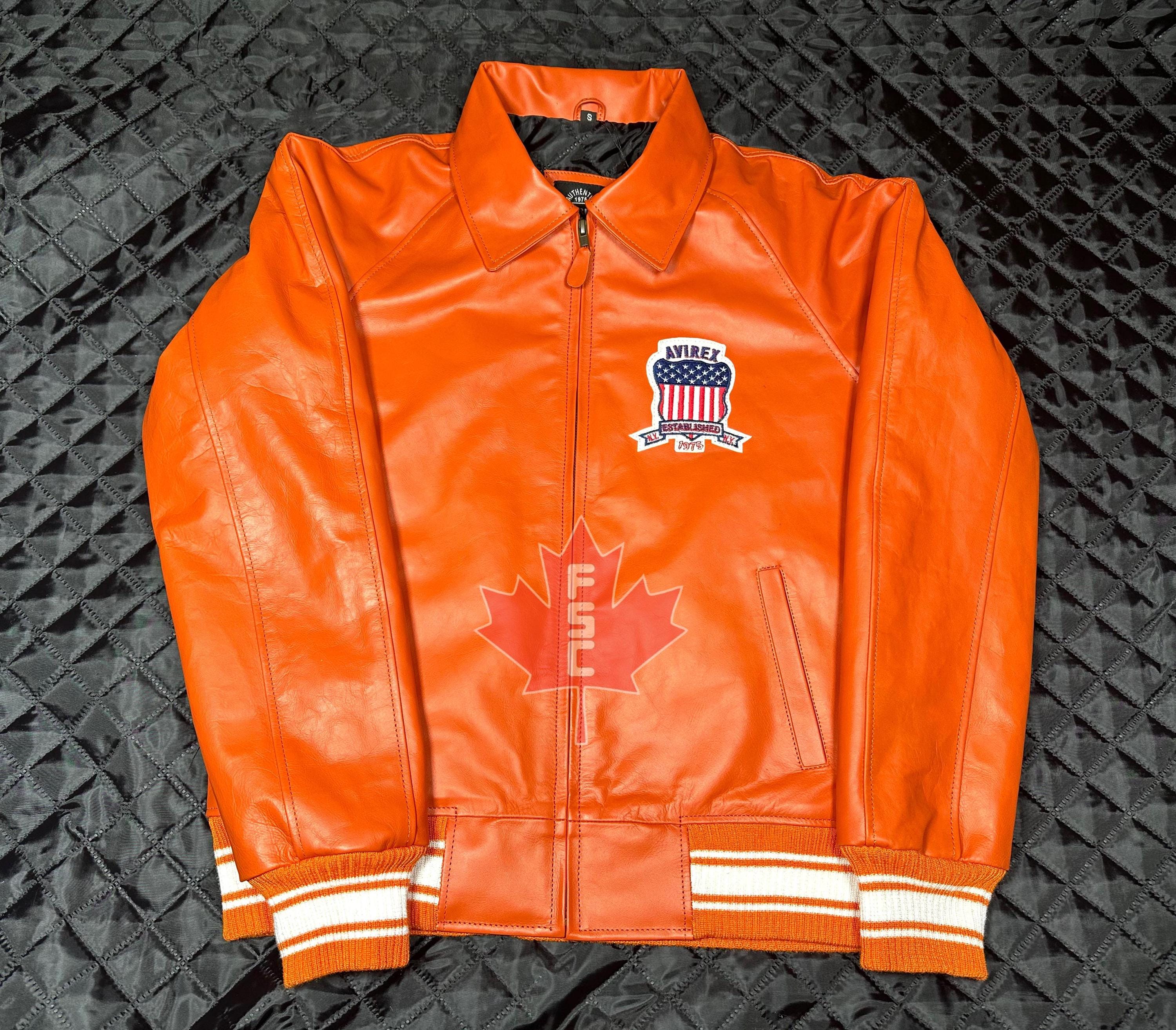 Handmade Men's Avirex Real Cowhide Leather Jacket Orange Avirex Jacket ...