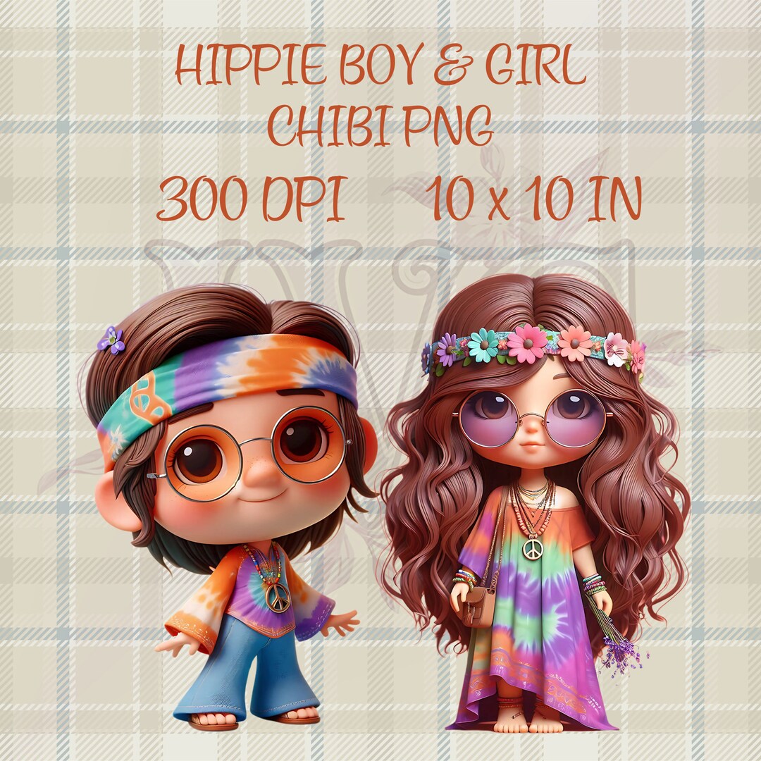 CHIBI Retro PNG, Retro Design CHIBI Peace and Love Boho Chibi Art 60s ...