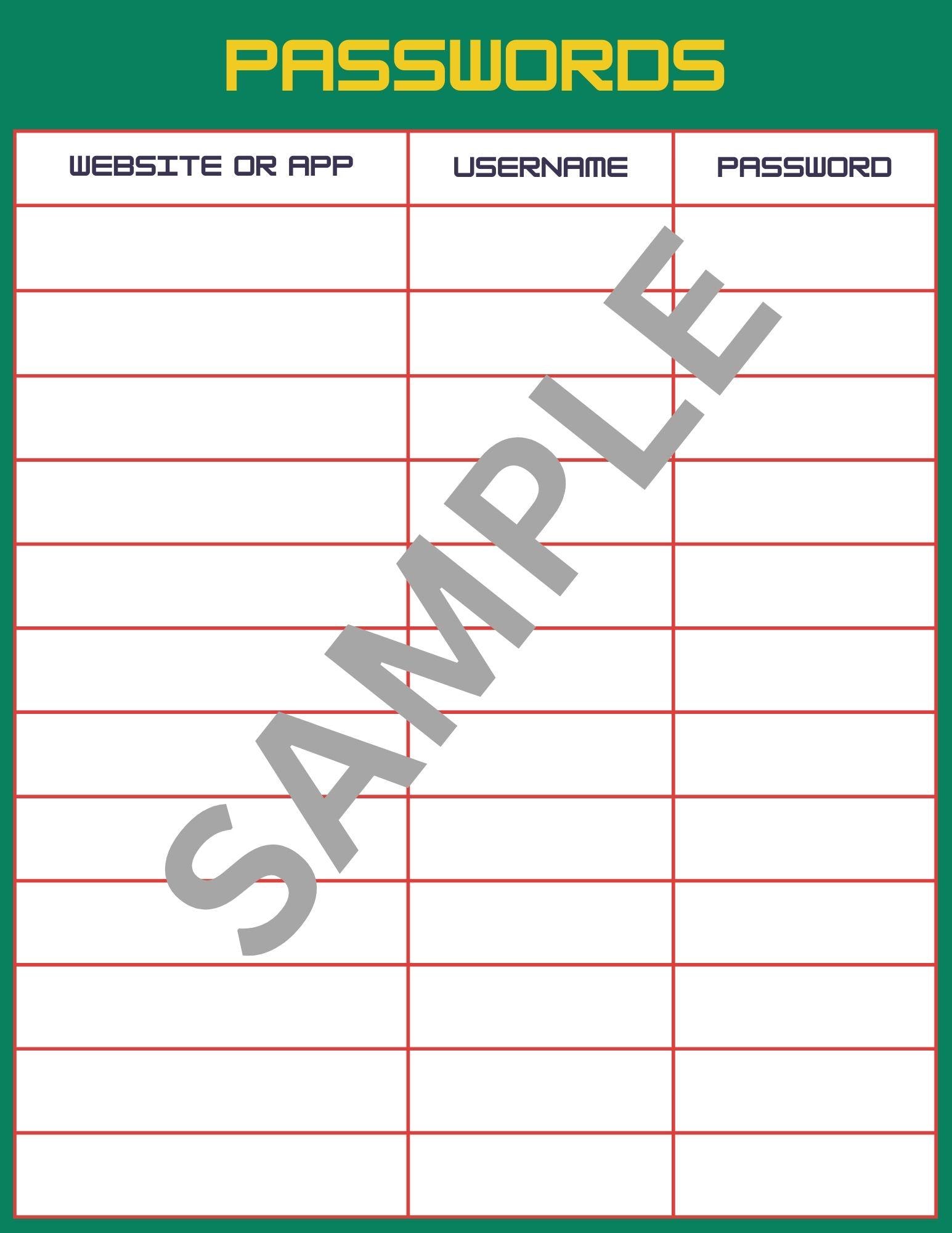 Children's Password Log Templates Includes 5 Color Schemes - Etsy