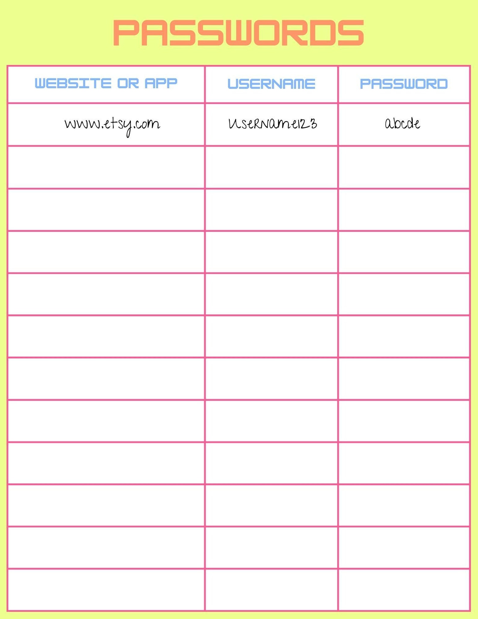 Children's Password Log Templates Includes 5 Color Schemes - Etsy