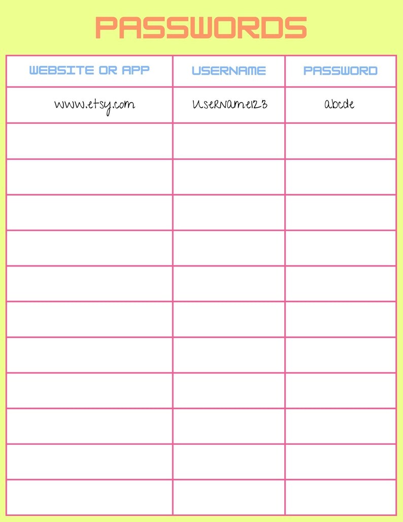 Children's Password Log Templates Includes 5 Color Schemes - Etsy