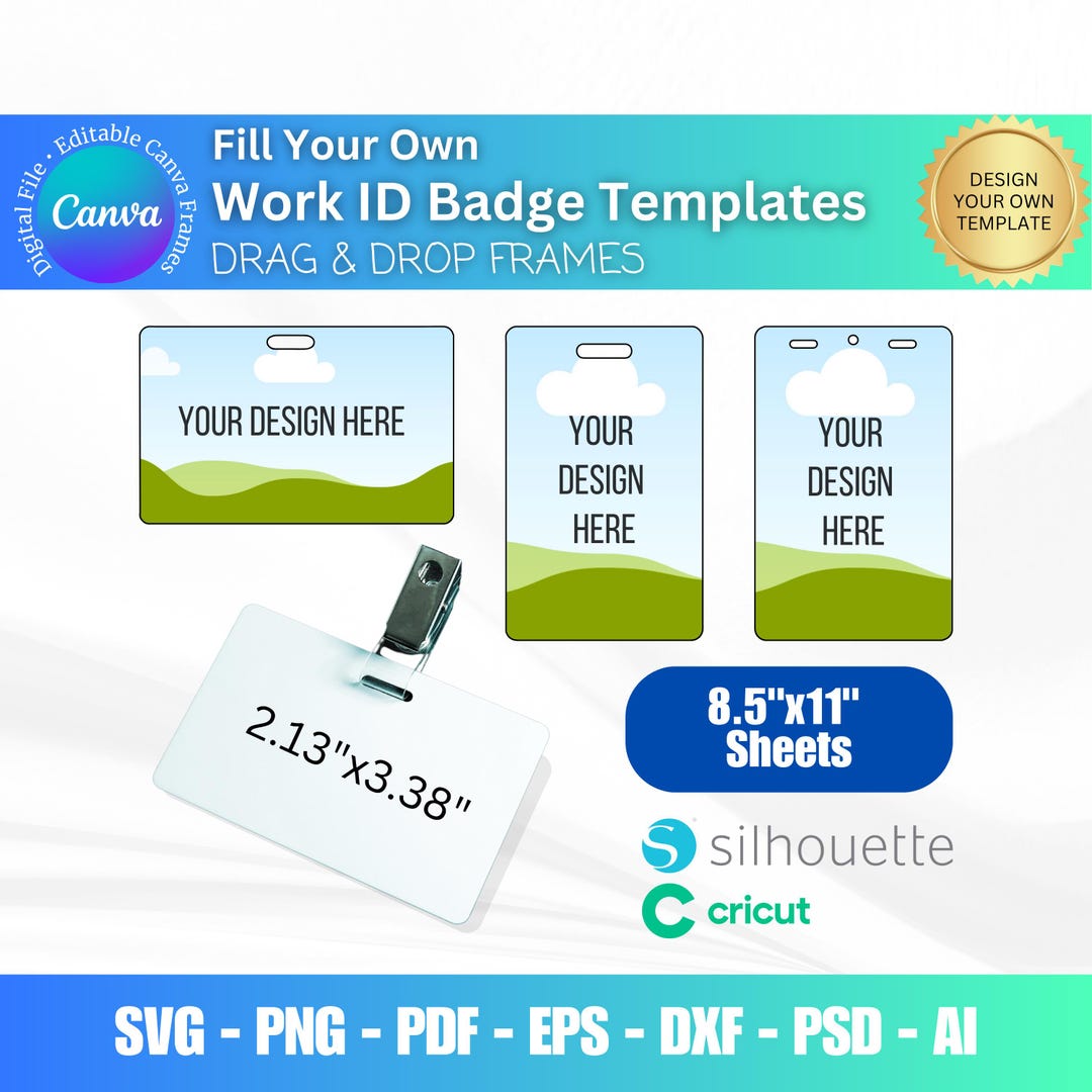 Editable Work ID Badge Templates: Canva Frames, SVG Files (digital ...