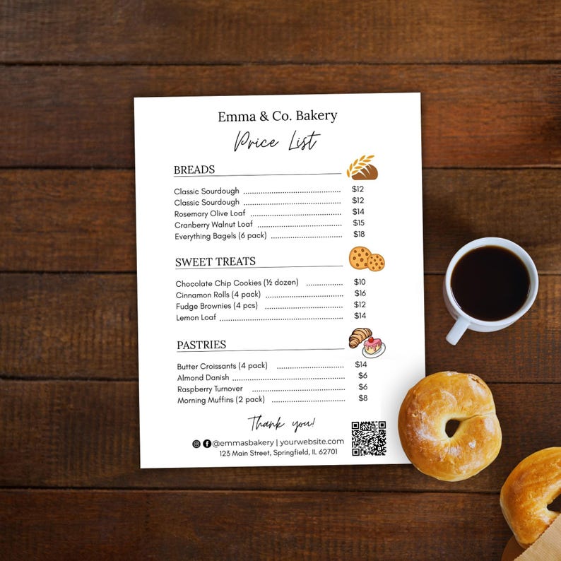 Editable Bakery Menu | Cafe Price List | Small Business QR Code Sign ...