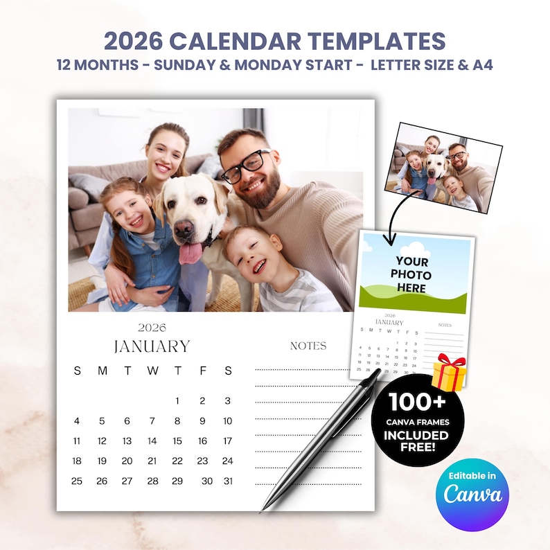2026 Calendar Photo Template: Monthly Wall Calendar, Canva Editable ...