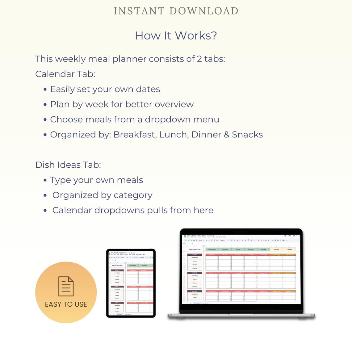 Weekly Meal Planner Google Sheets: Menu Spreadsheet, Breakfast & Lunch ...