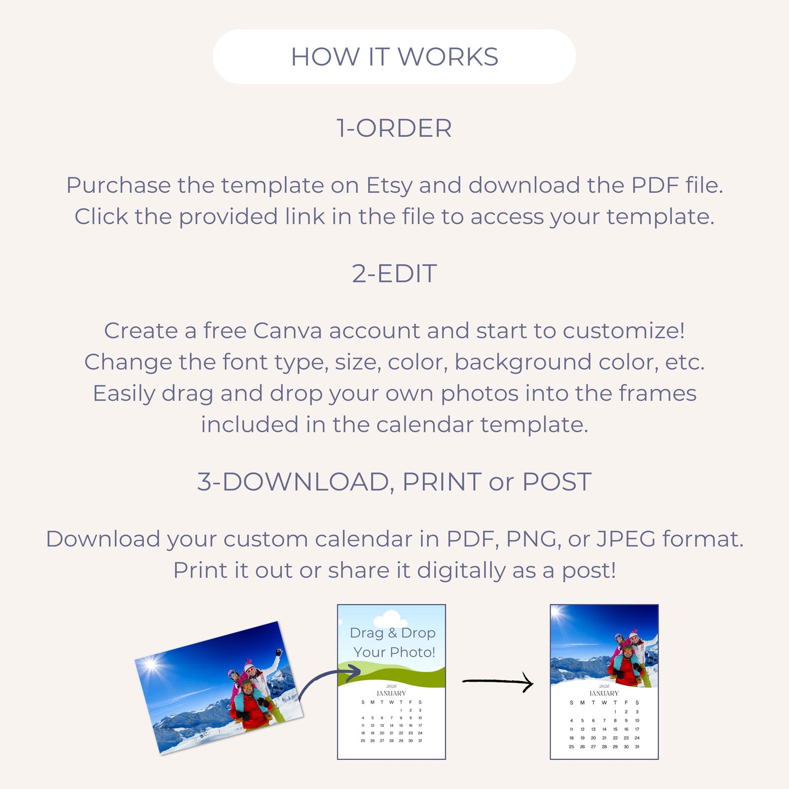 2026 Calendar Editable Template, Month at a Glance Photo Calendar, 3 ...