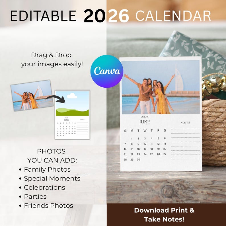 2026 Calendar Photo Template: Monthly Wall Calendar, Canva Editable ...