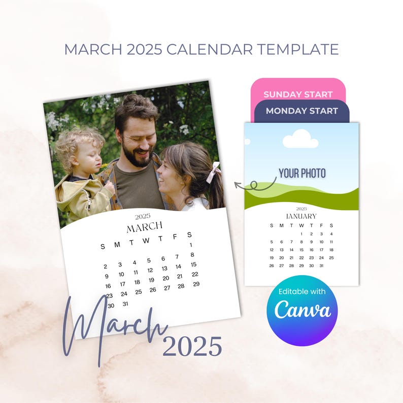 March 2025 Photo Calendar Template: Editable Canva Design (digital ...