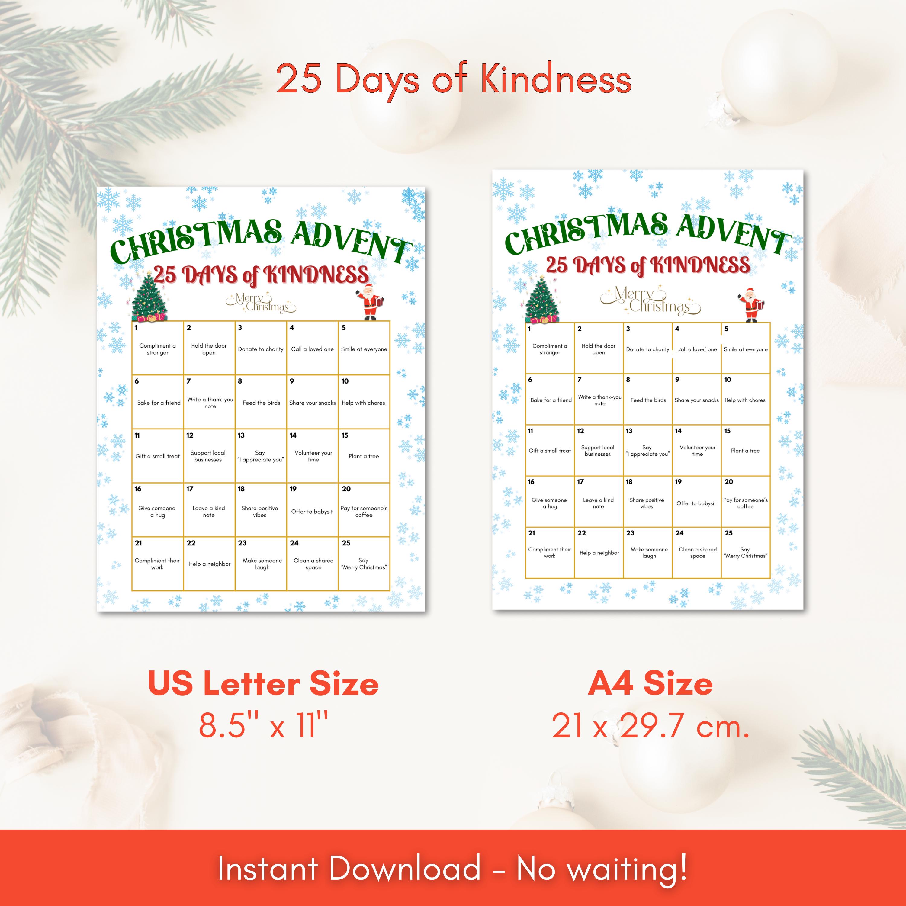 25 Days of Kindness Calendar, Printable Christmas Advent Calendar ...