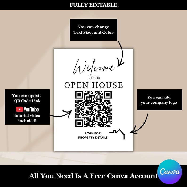 Open House QR Code Sign Template | Canva Editable | Real Estate Agent ...