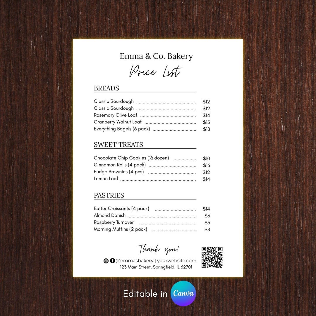 Bakery Price List Template, Editable Cafe Menu, QR Code Menu Sign ...