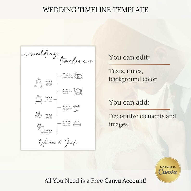 Editable Wedding Timeline Template: Canva Schedule, Printable Itinerary ...