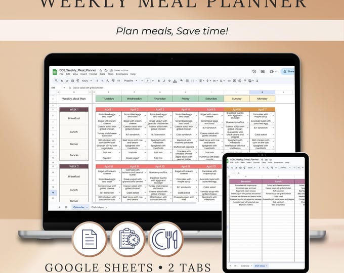 Weekly Meal Planner Google Sheets: Menu Spreadsheet, Breakfast & Lunch ...