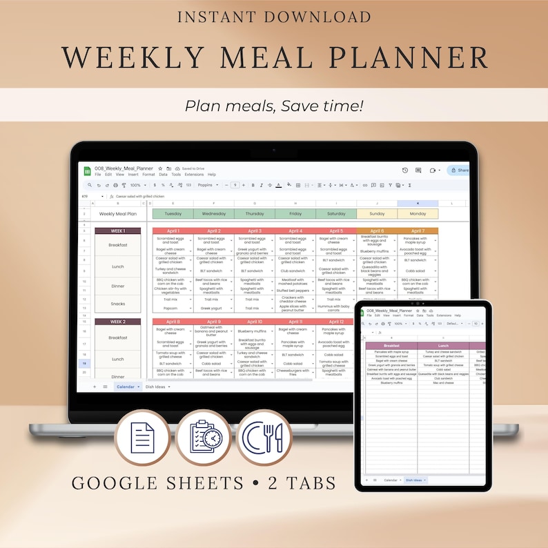 Weekly Meal Planner Google Sheets: Menu Spreadsheet, Breakfast & Lunch ...
