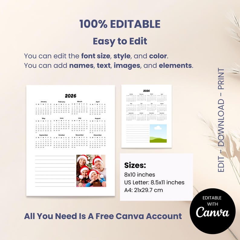 Editable 2026 Calendar Template: Custom Photo Planner, One Pager ...