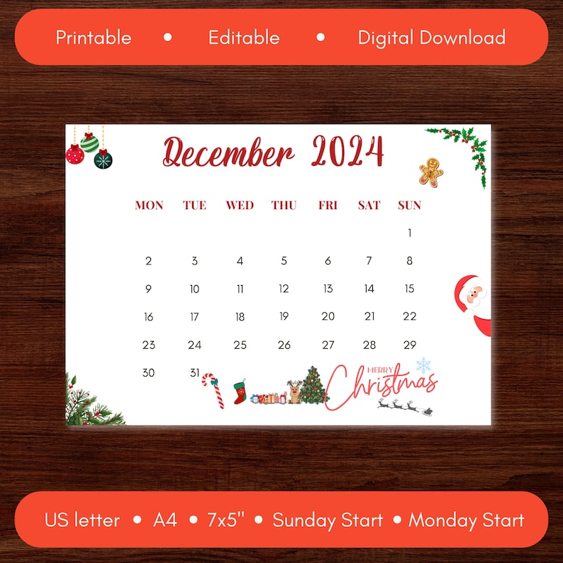 Editable & Printable December 2024 Calendar, Canva Template, Landscape ...