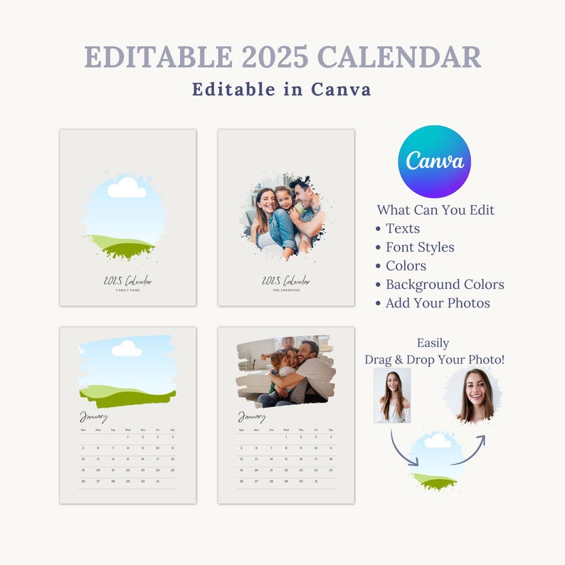 Editable 2025 Calendar Templates, Custom Canva 2025 Calendar, Month at ...