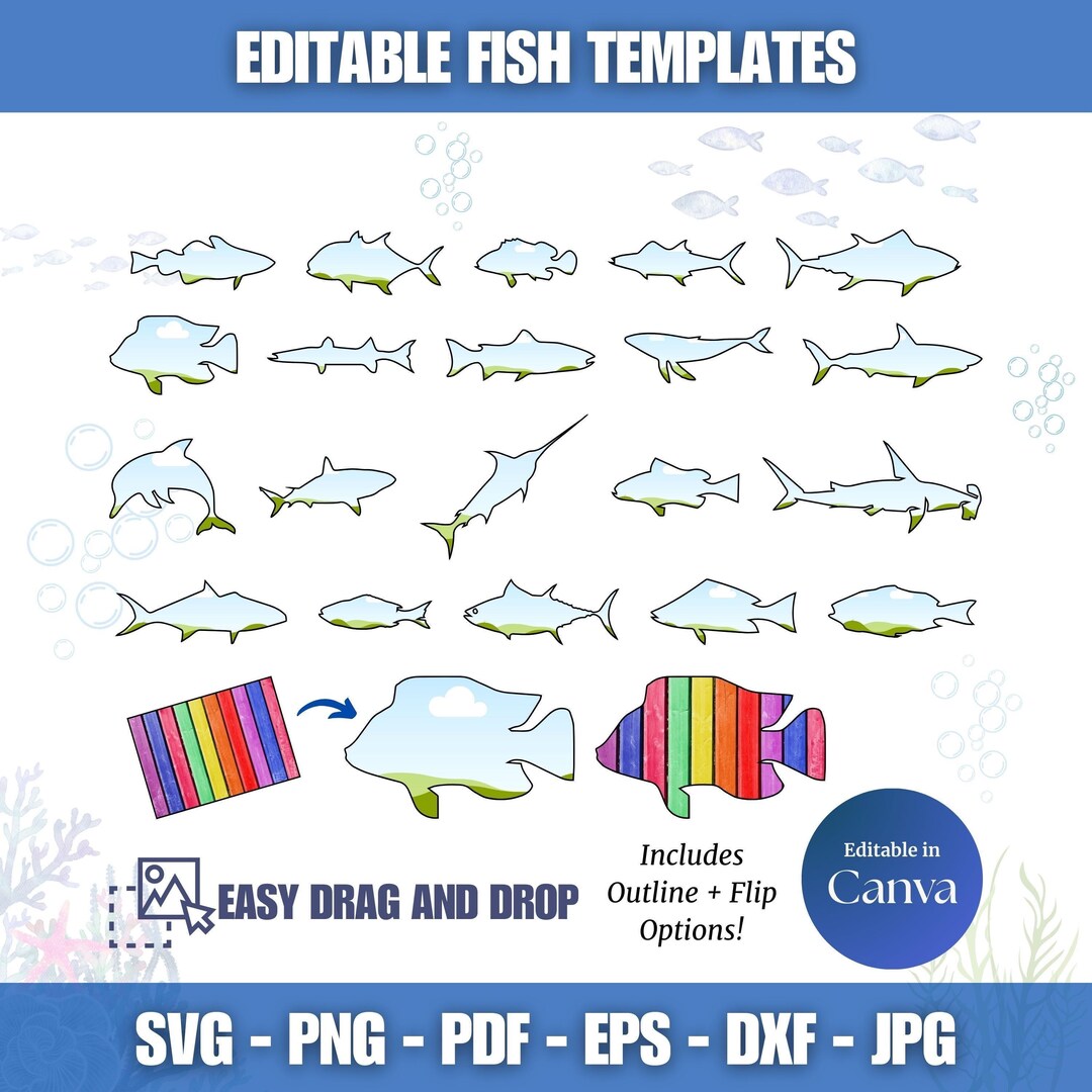 20 Fish Canva Frames Bundle, Fish SVG Files for Cricut, Outline ...